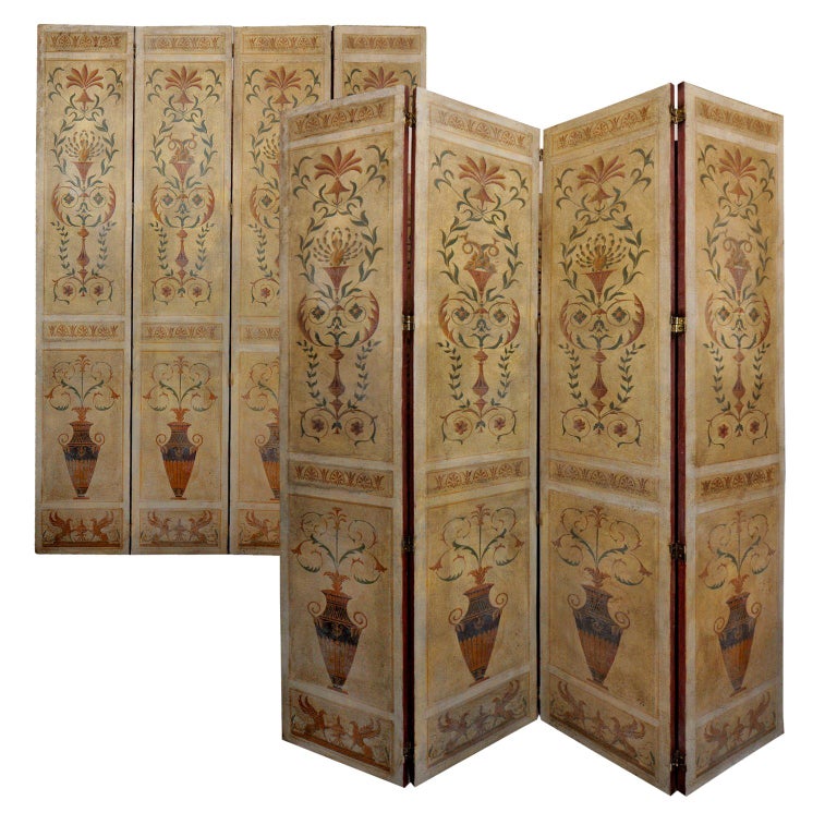 Pair of Tall Four Fold Decorative Neo-Classical Hand Painted Screens ...