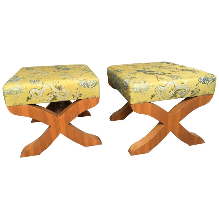 Pair of X-Base Stools in Silk Embroidered Fabric For Sale at 1stDibs