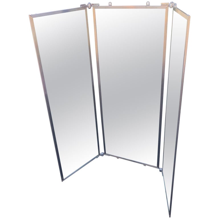 Industrial Three-Panel Mirror and Metal Folding Screen at 1stDibs