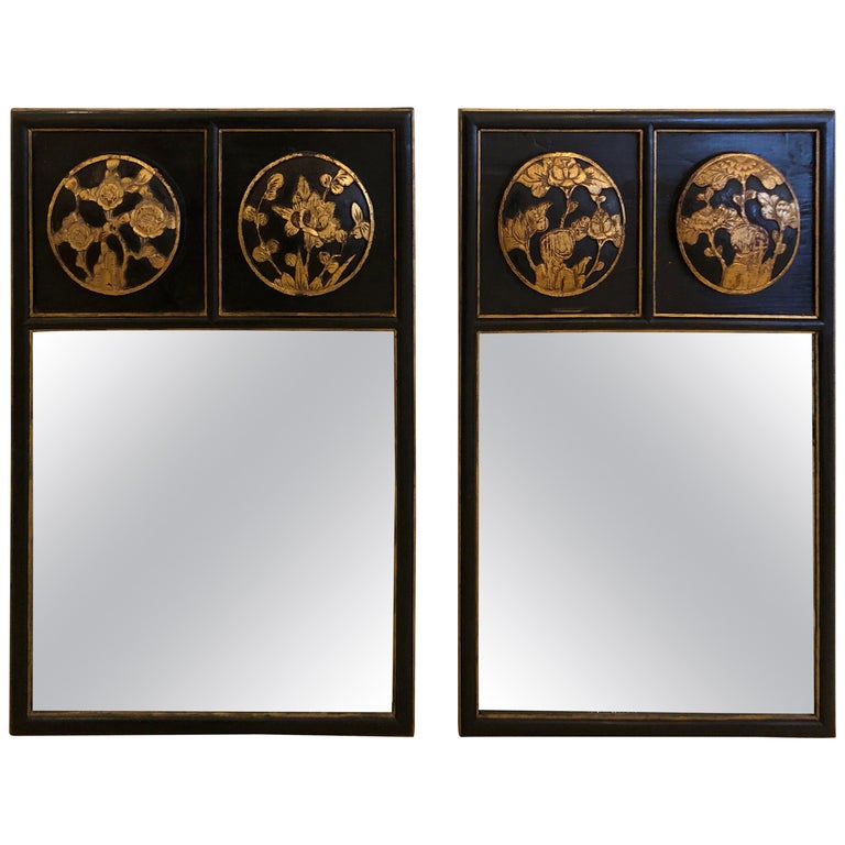Pair of Japanese Style Black and Gold Mirrors For Sale at 1stDibs