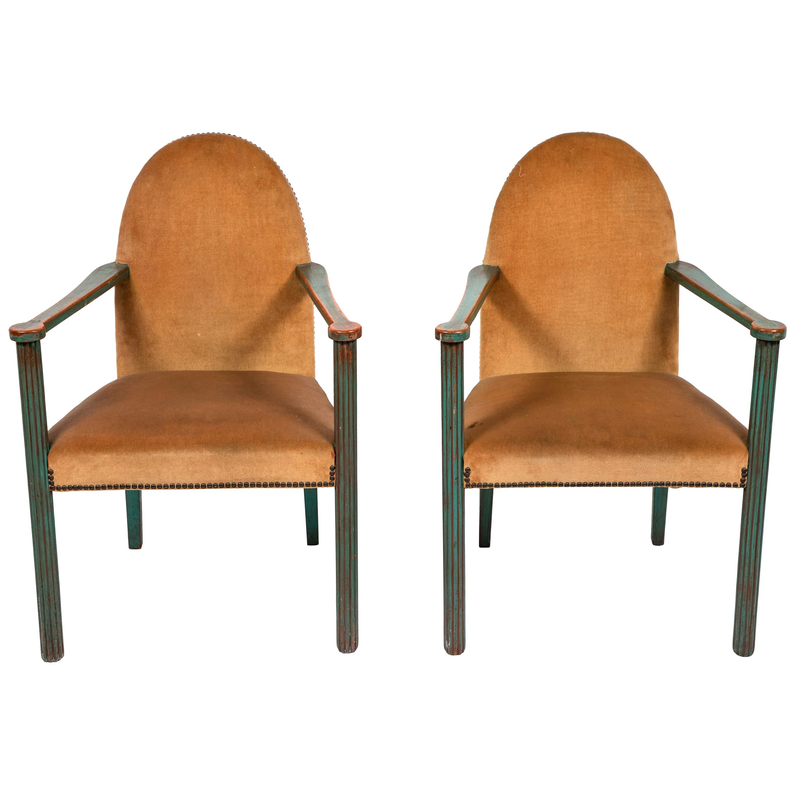 Pair of Art Deco Armchairs with Fluted Wood Frames at 1stDibs