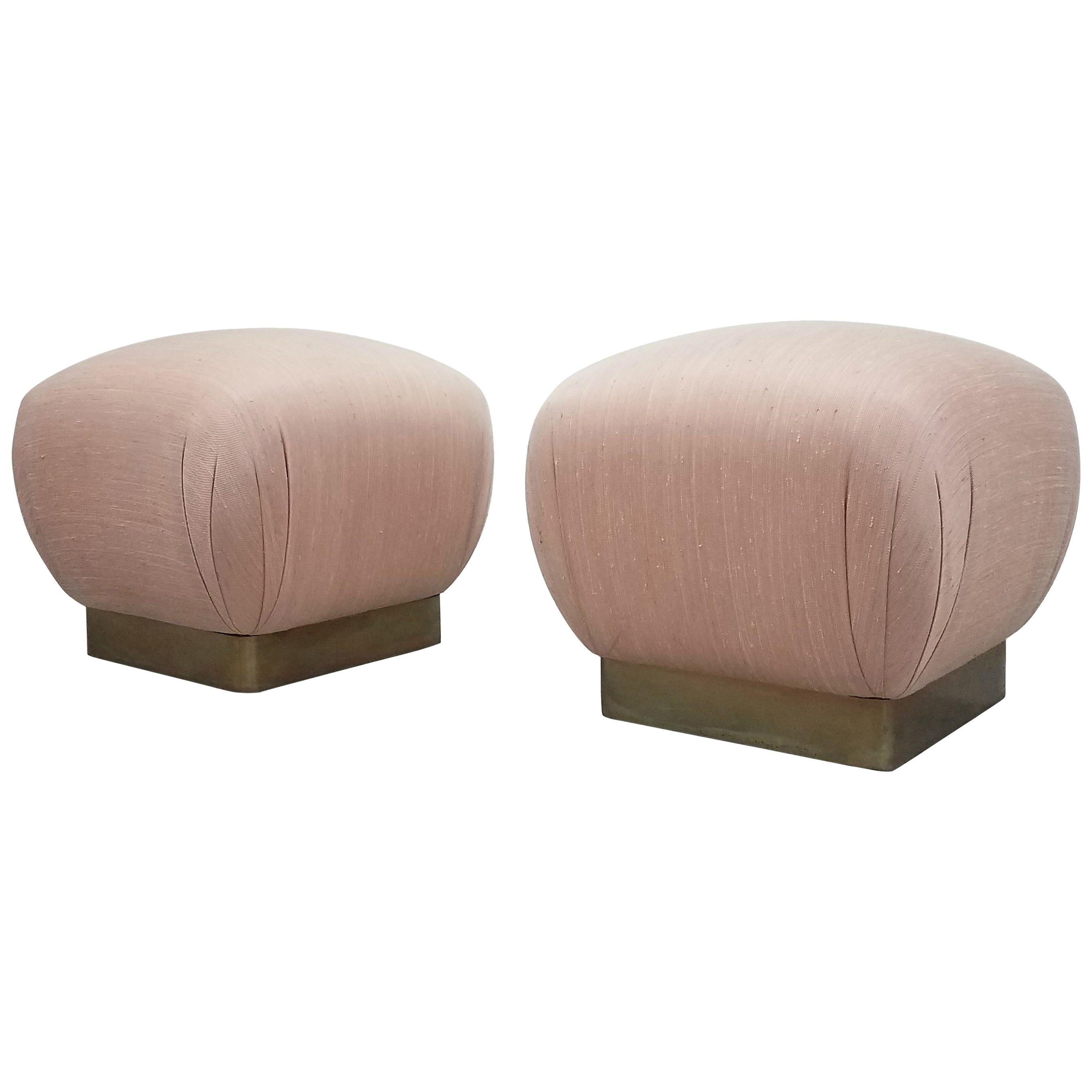Vintage Pair of Regency Style Brass Plinth Base Poufs or Ottomans at 1stDibs