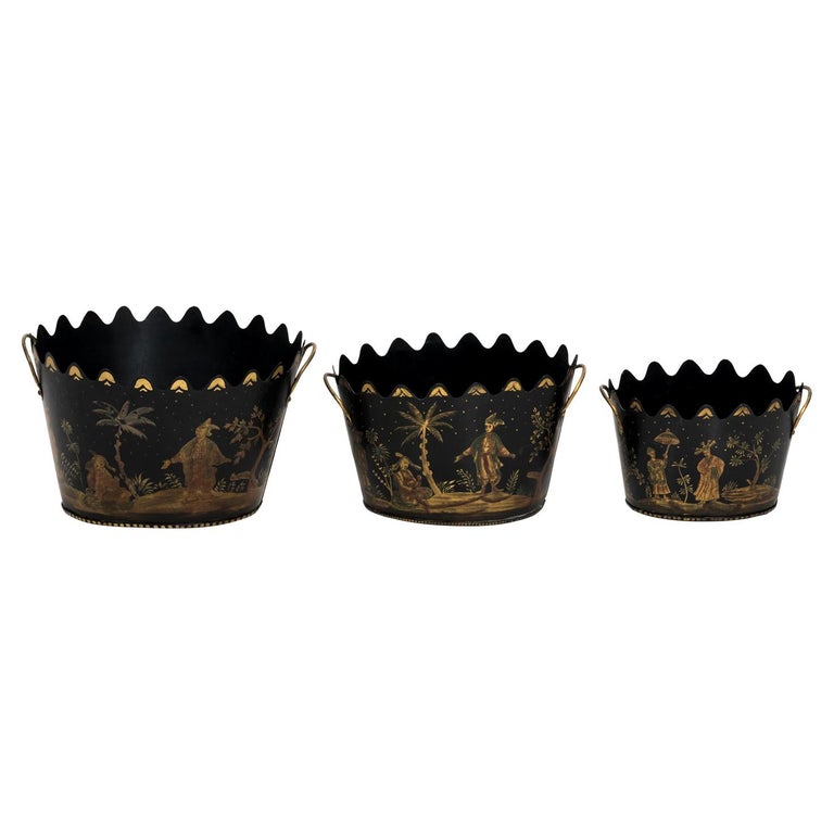 Set of Black Chinoiserie Cachepots at 1stDibs