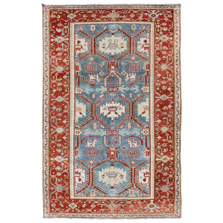 Red, Blue, and Ivory Antique Persian Malayer Rug with Blossom Design ...