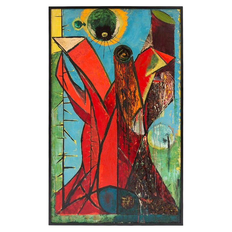 Rare Abstract Red Tree Oil Painting by Master Printmaker Shiro Ikegawa ...