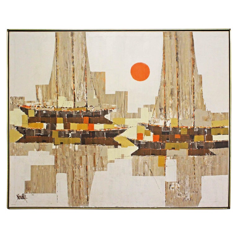 Mid-Century Modern Cubist Style Abstract Geometric Boat Sunset Oil ...