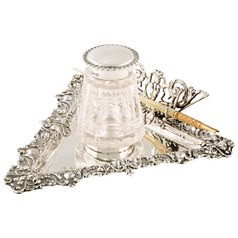 Victorian Sterling Silver Inkwell Stand For Sale at 1stDibs