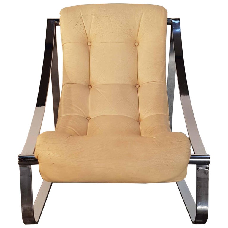 Midcentury Lounge Chair with Chrome Metal Covered in Cream Color Faux ...