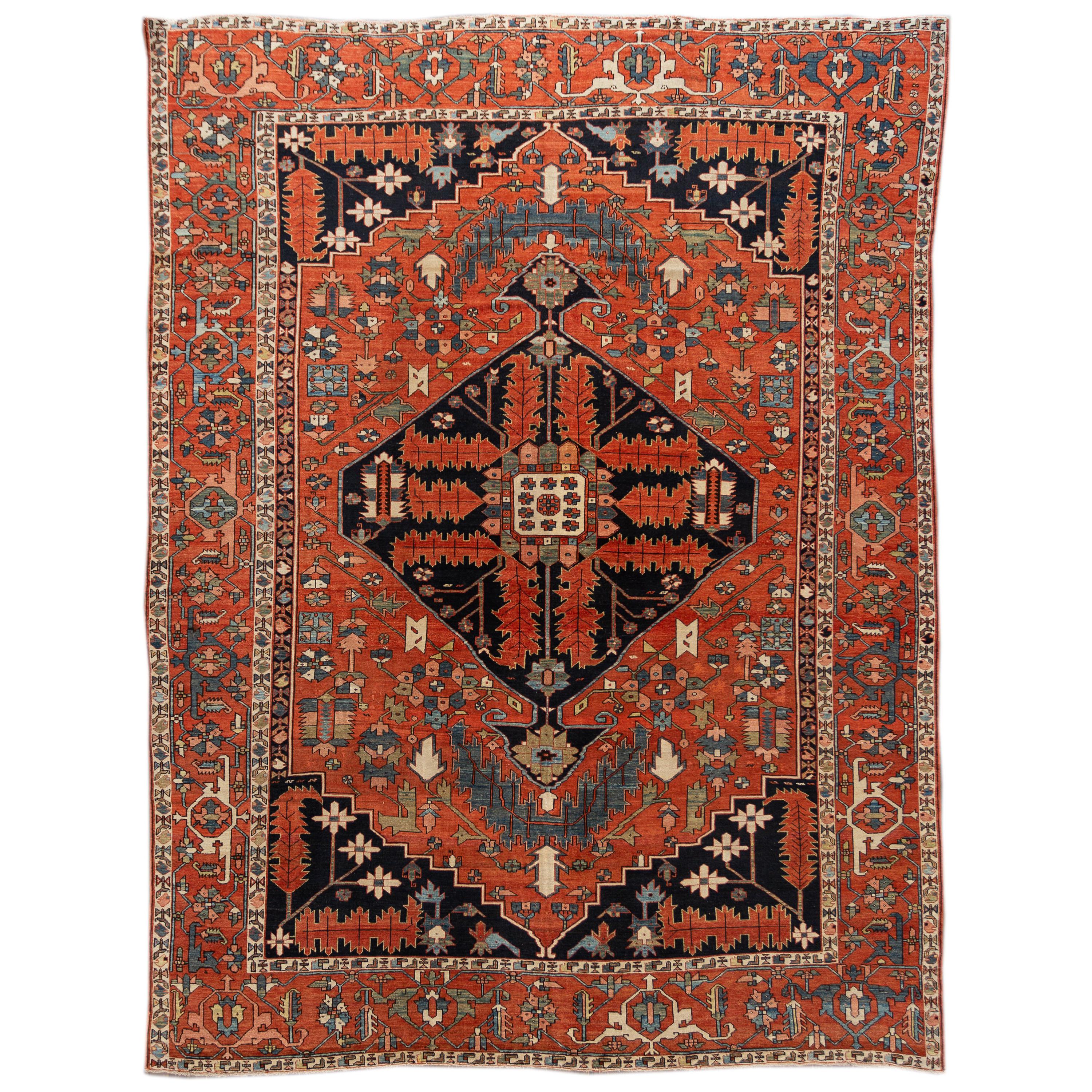 Rust Antique Persian Serapi Handmade Medallion Wool Rug For Sale at 1stDibs