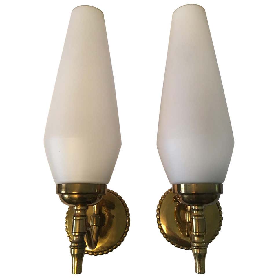 Pair Of Scalloped Milk Glass And Brass Wall Sconces For Sale At 1stdibs