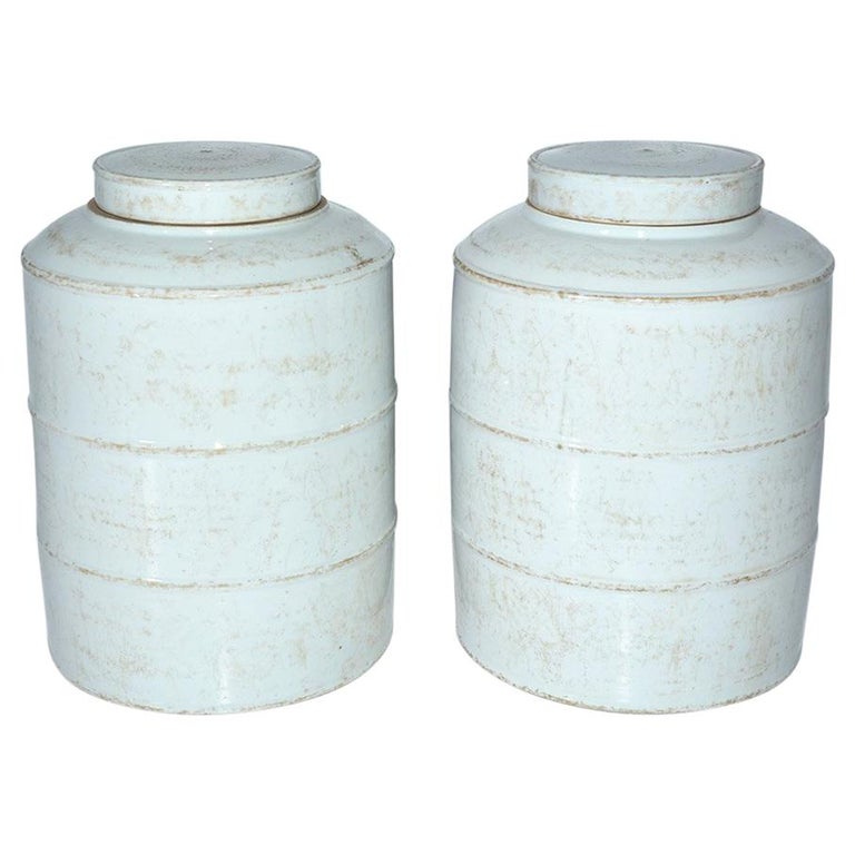 Pair of White Glazed Ginger Jars with Lids at 1stDibs