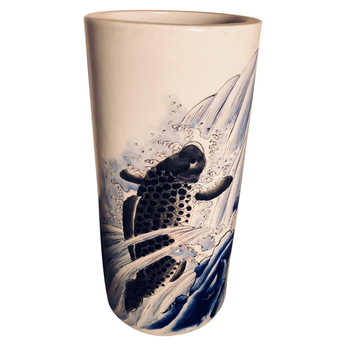 Japanese Big Antique Koi and Waves Hand Painted Vase at 1stDibs | koi vase