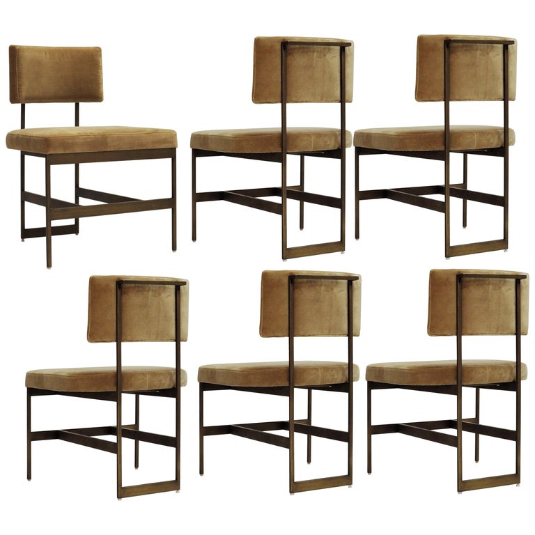 Set of 6, Mid-Century Modern Dining Chairs in Camel Velvet and Antique ...