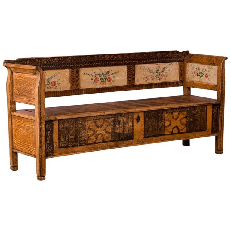 Antique Romanian Folk Art Painted Storage Bench at 1stDibs