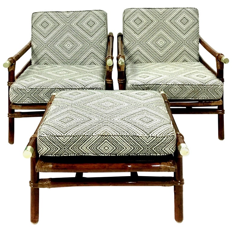 Rattan Raffia and Brass Pair of Lounge Chairs and Ottoman by, Ficks ...