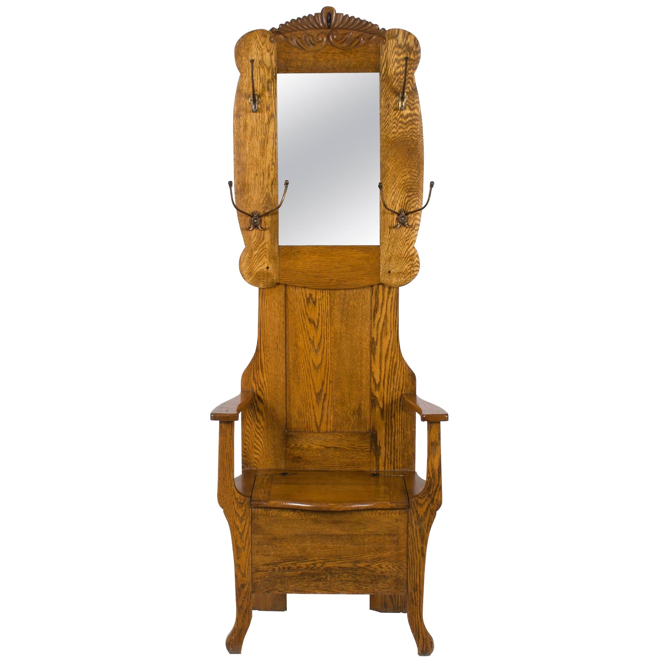 Oak Seated Hall Tree Stand Seat with Storage Coat Hat Rack For Sale at ...