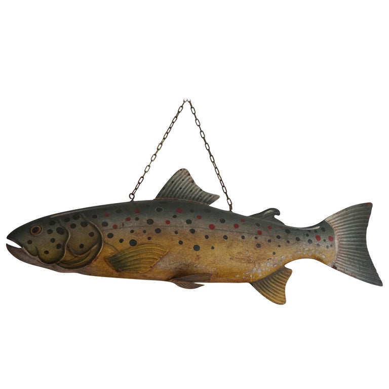Large Unique and Hand Painted Antique Folk Art Metal Trout Sign from ...