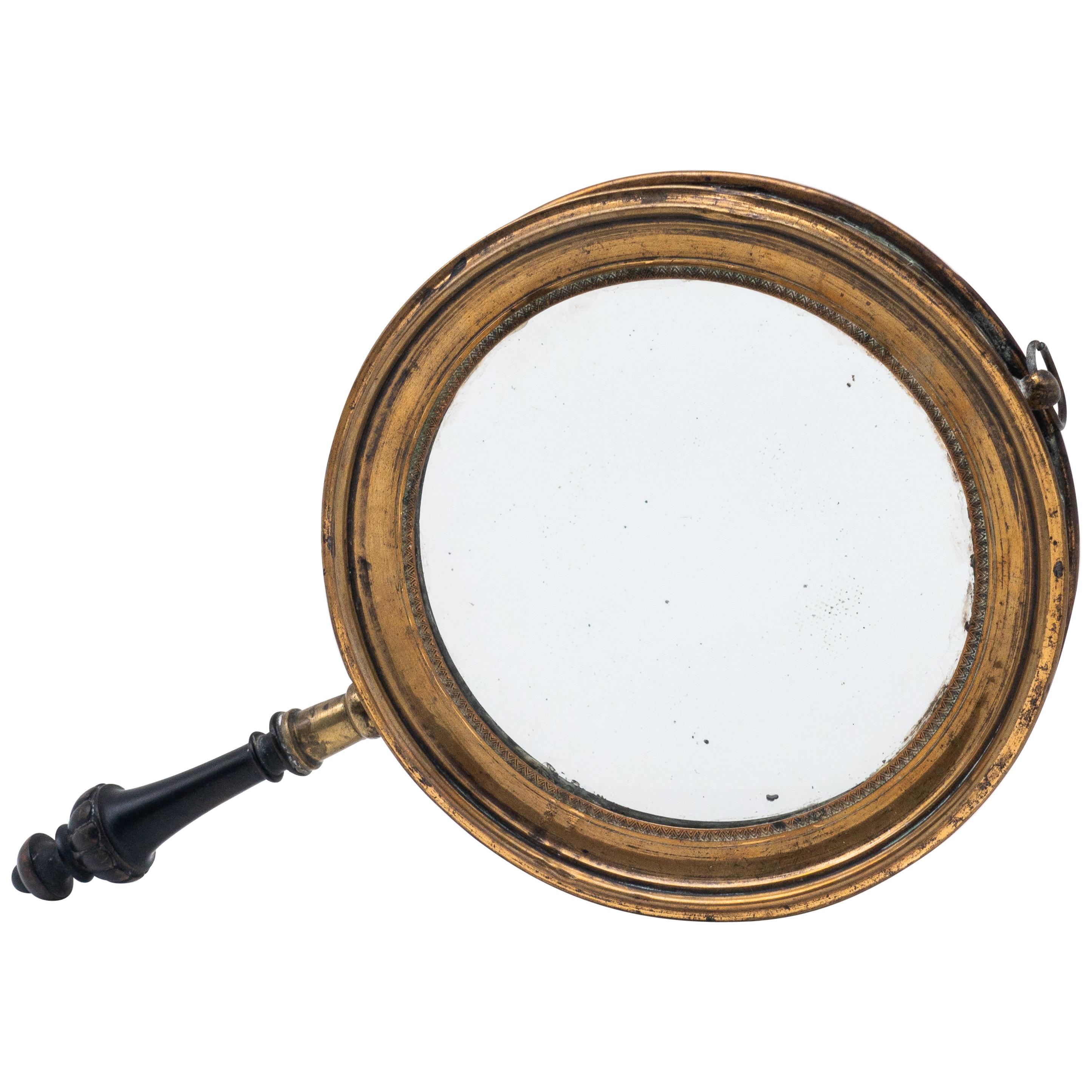 Antique Concave Brass and Carved Wood Hand Mirror, 19th Century at 1stDibs