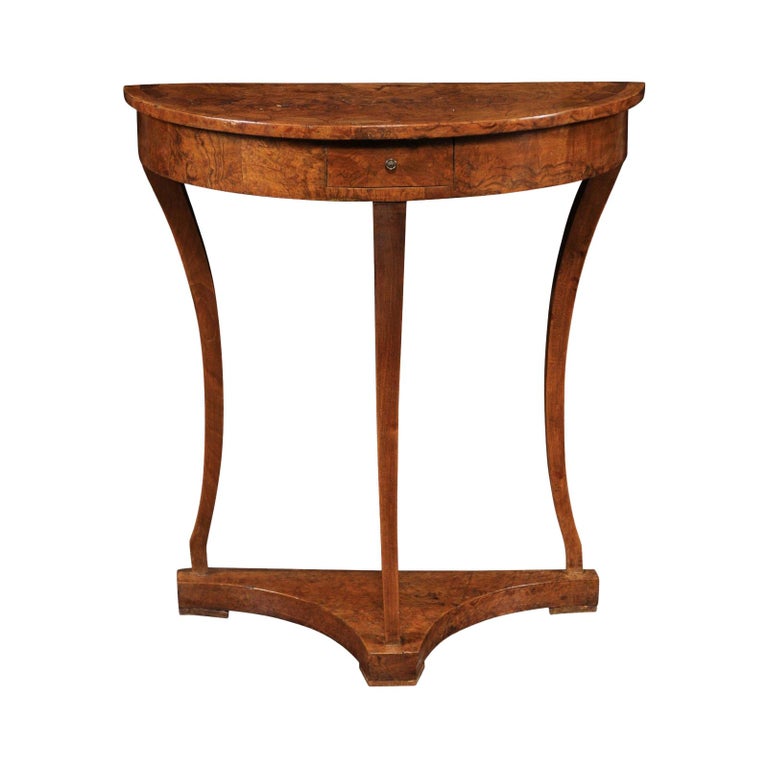 French Burl Wood Demilune Console Table circa 1900 with Saber Legs at ...