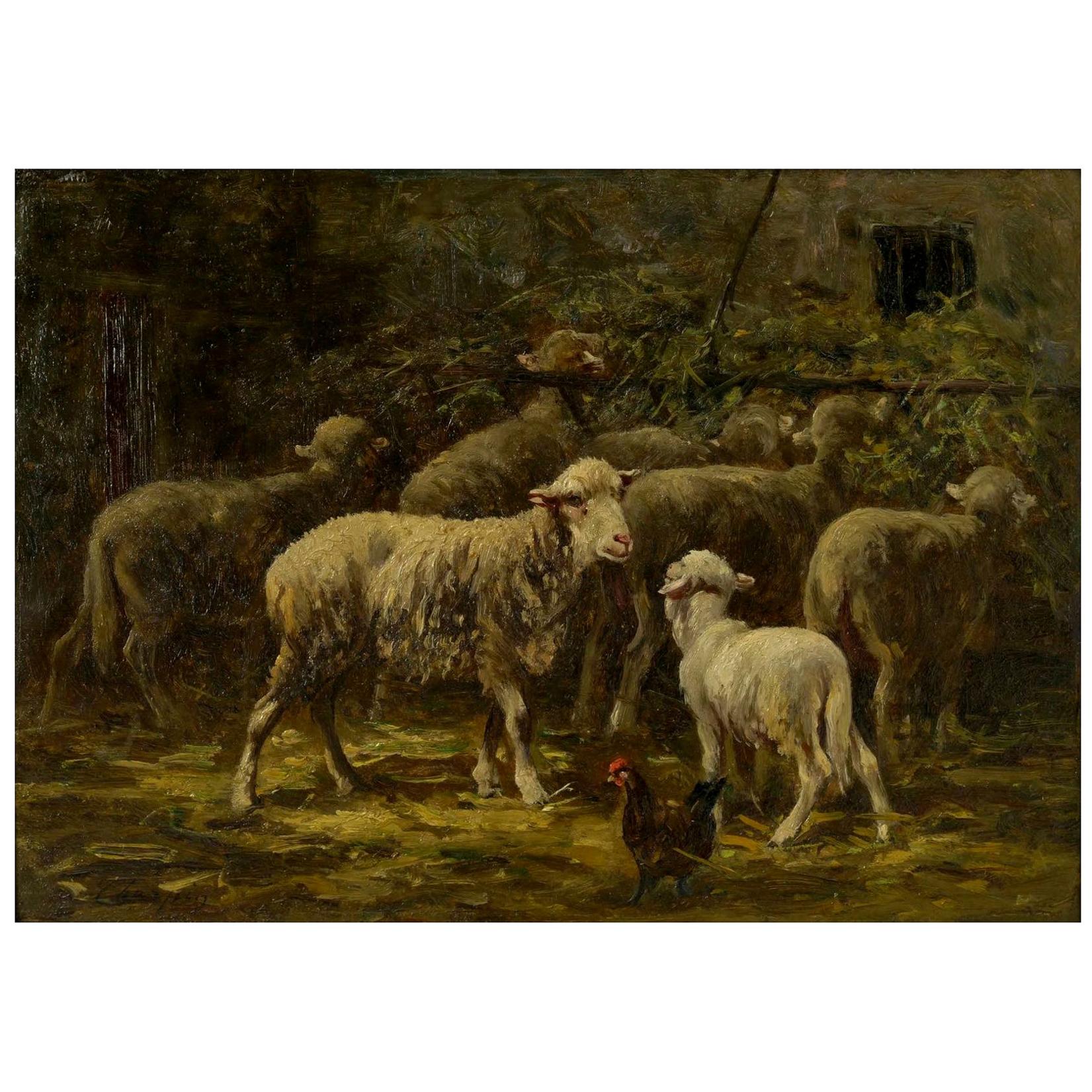“Sheep in Stable” Antique Barbizon Oil Painting by Albert Charpin For ...