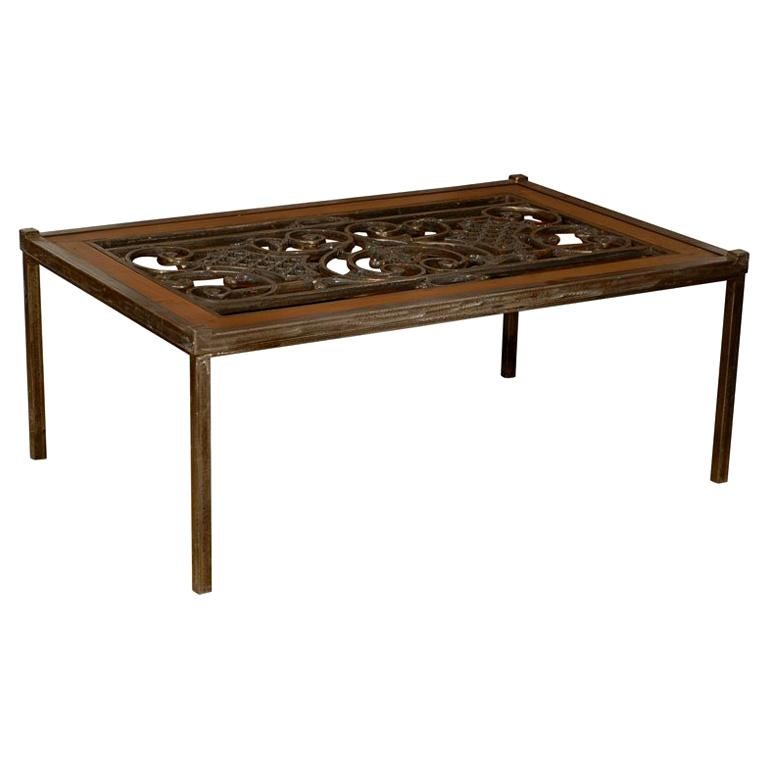 Coffee Table Made from 19th Century Iron Grill with Wood For Sale at ...