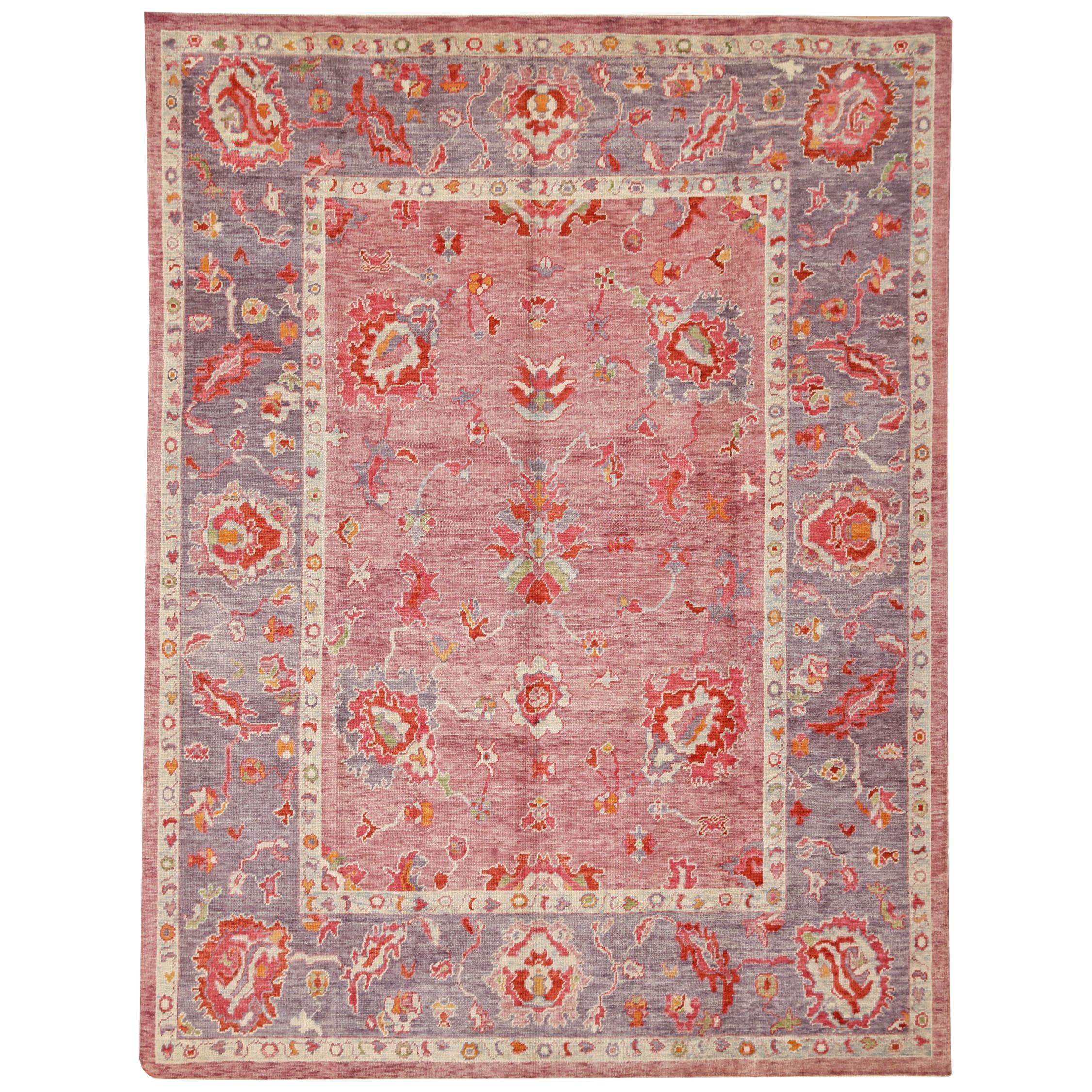 Pink and Purple Contemporary Handmade Wool Turkish Oushak Rug For Sale ...