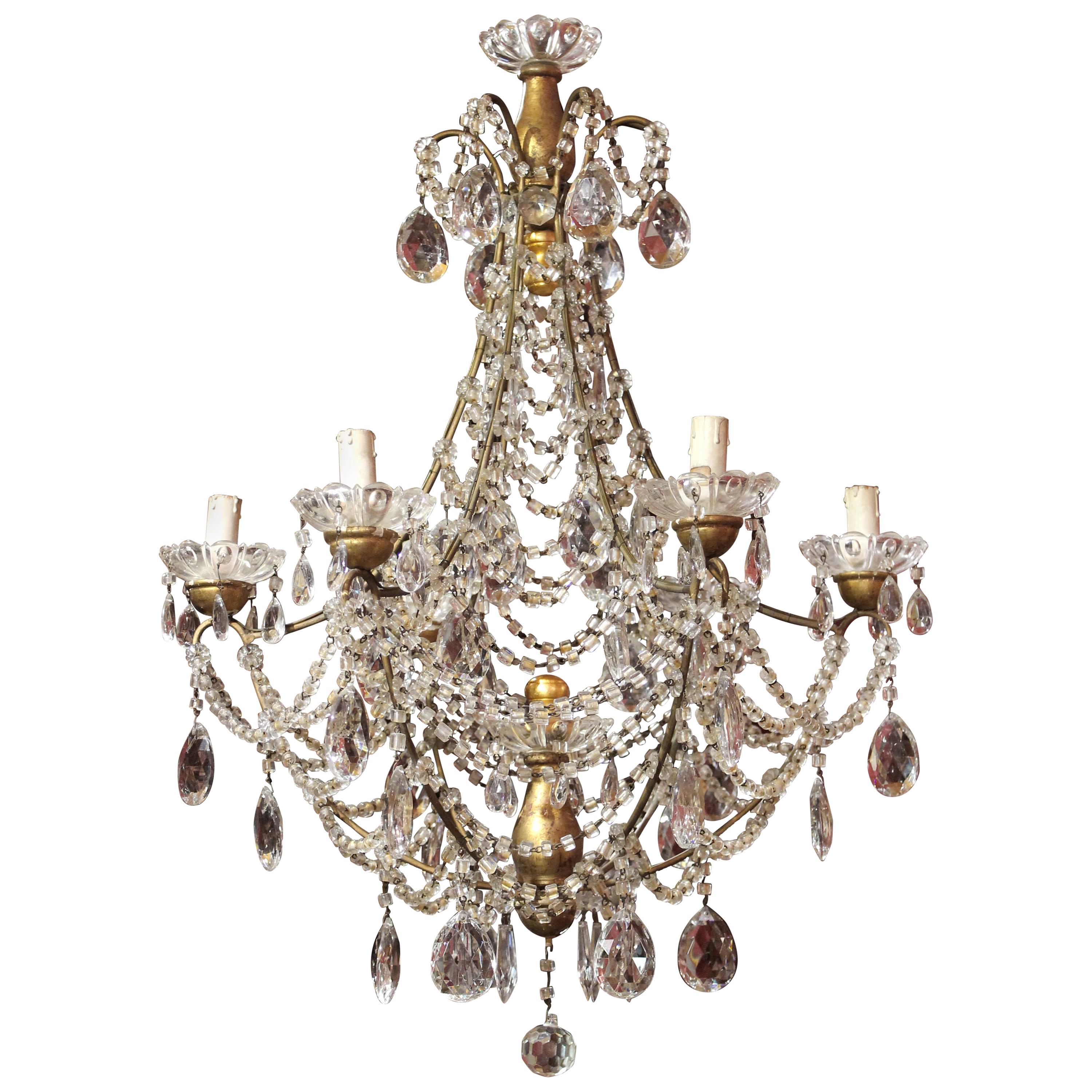 Italian Gilt Iron and Macaroni Crystal Beaded Chandelier at 1stDibs