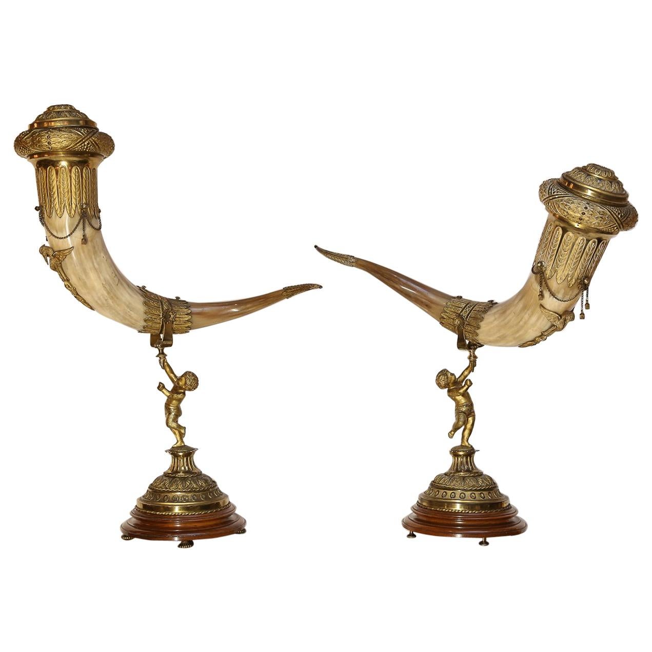 Pair of Austrian Commerative Cornucopia Horns with Gilt Bronze Mounts ...