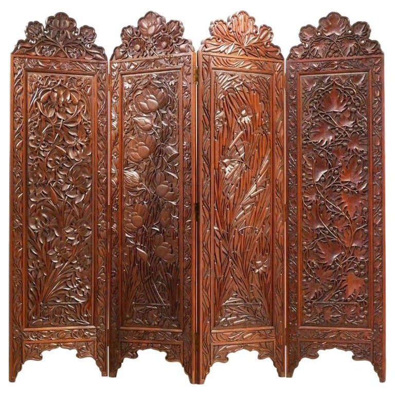 Art Nouveau Orientalist Massive Exotic Wood Room Divider Paravan Screen ...
