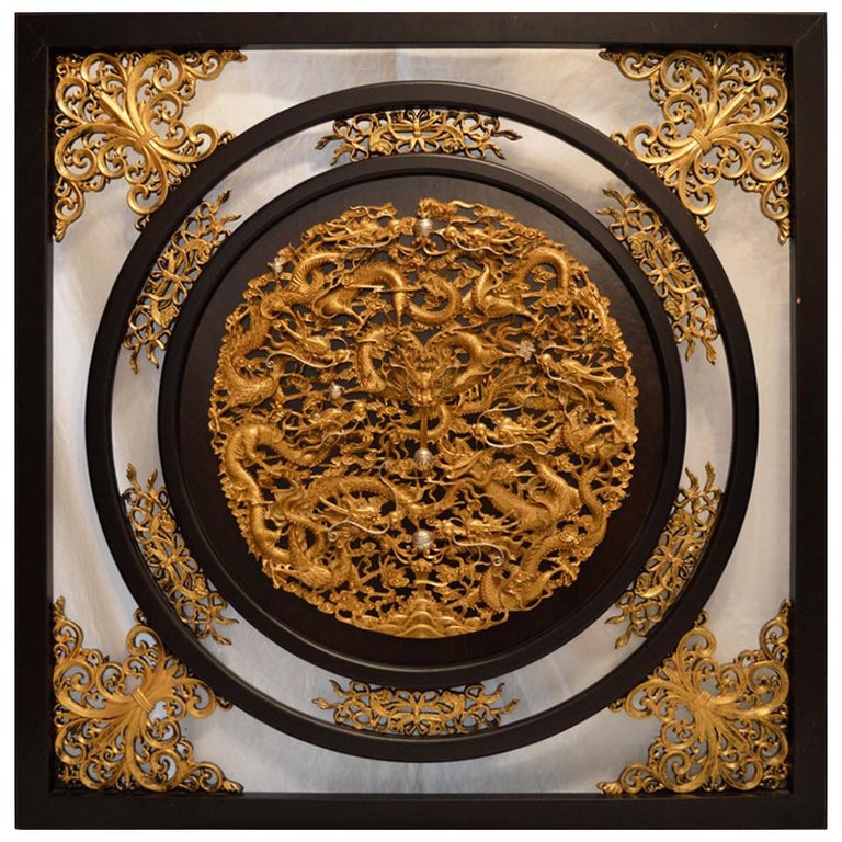 Chinese Hand Carved Gilt Dragon Wall Plaque at 1stDibs