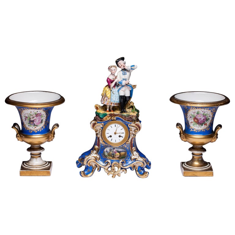 Three-Piece Old Paris Porcelain Mantel Clock Jacob Petit-Style at 1stDibs