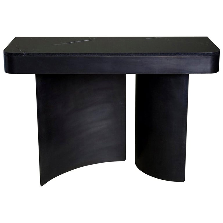 Crescent Console in Contemporary Blackened Steel with Black Marble Top ...