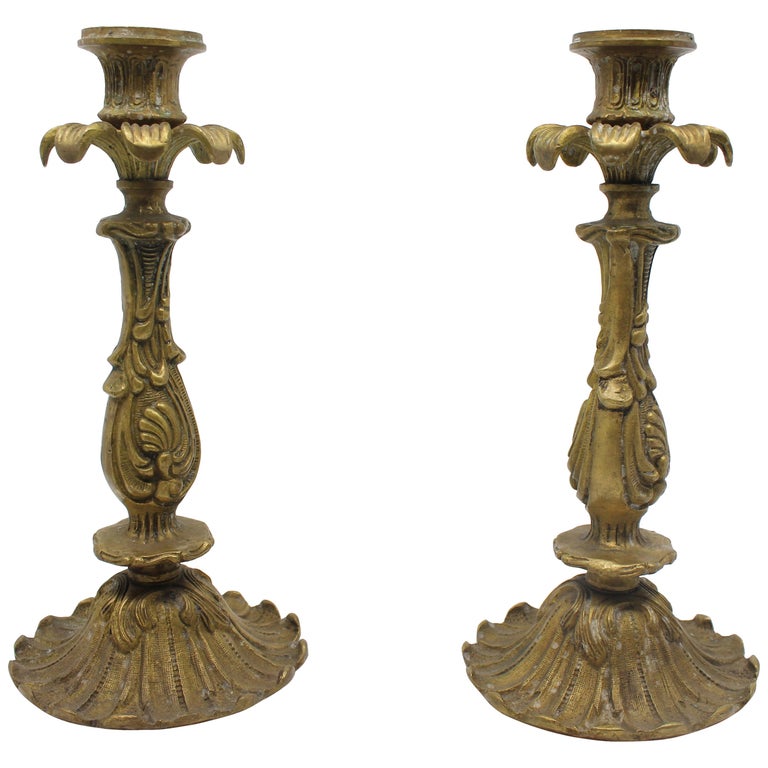 Pair of Heavy Vintage Decorative Brass Candlesticks For Sale at 1stDibs