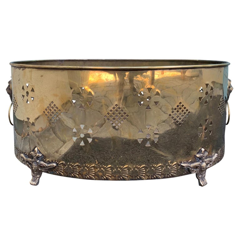 20th Century Large Brass Oval Cachepot with Lion Head Pulls at 1stDibs