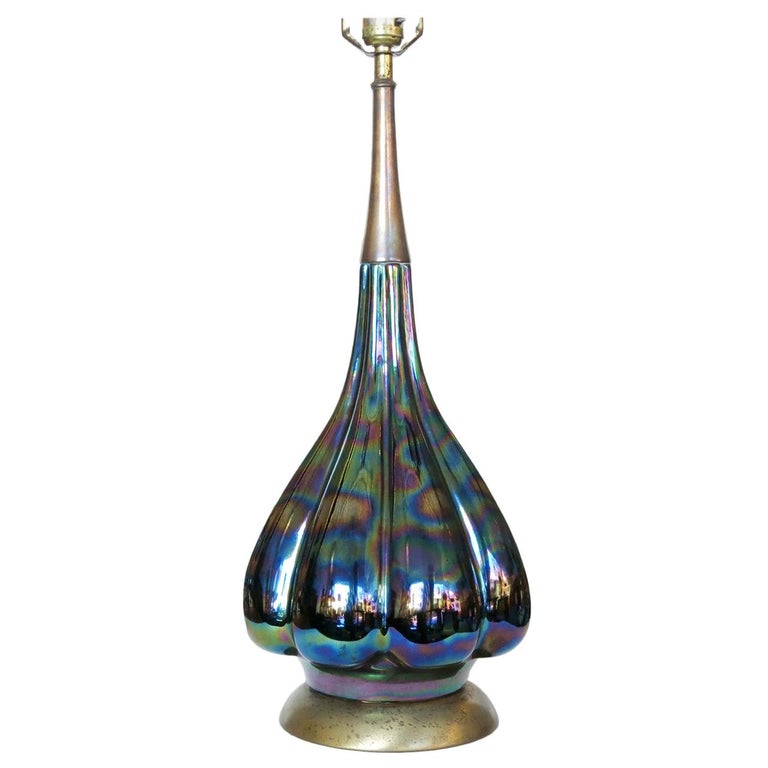 Modernist Iridized Art Glass Lamp with Brass Base For Sale at 1stDibs