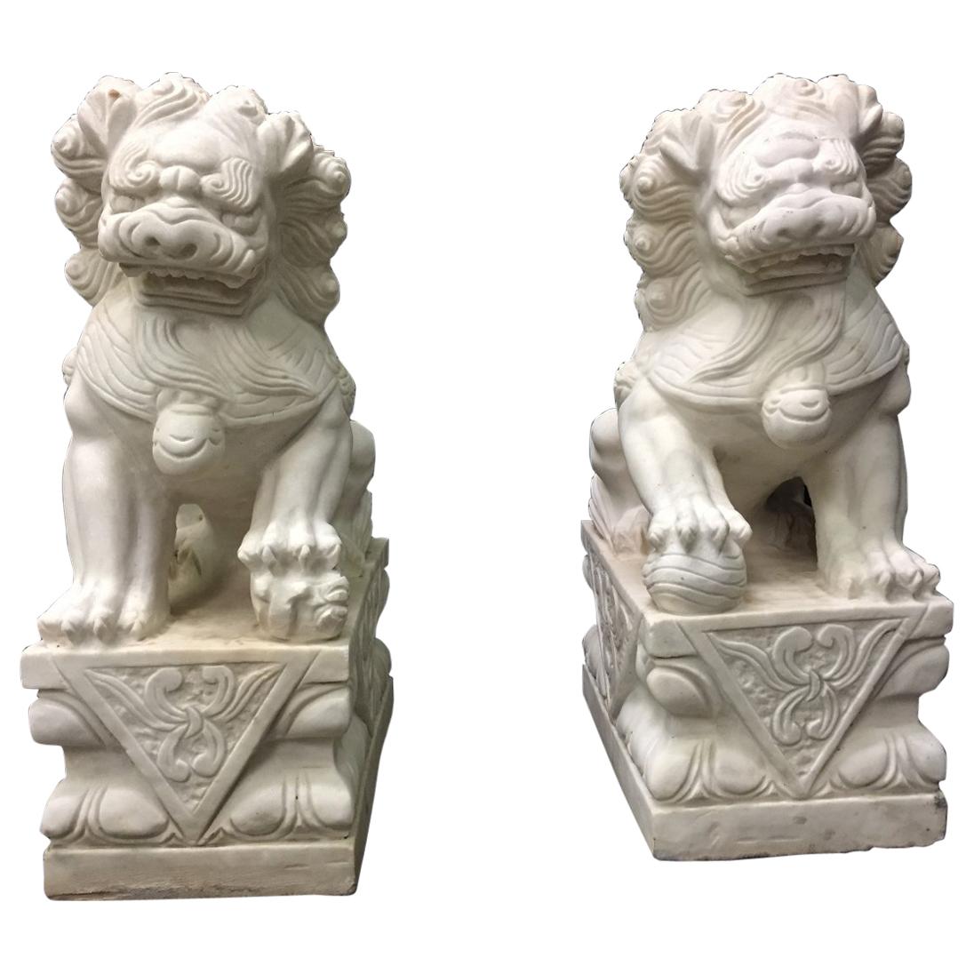 Pair Chinese Carved White Marble Fu Dogs at 1stDibs