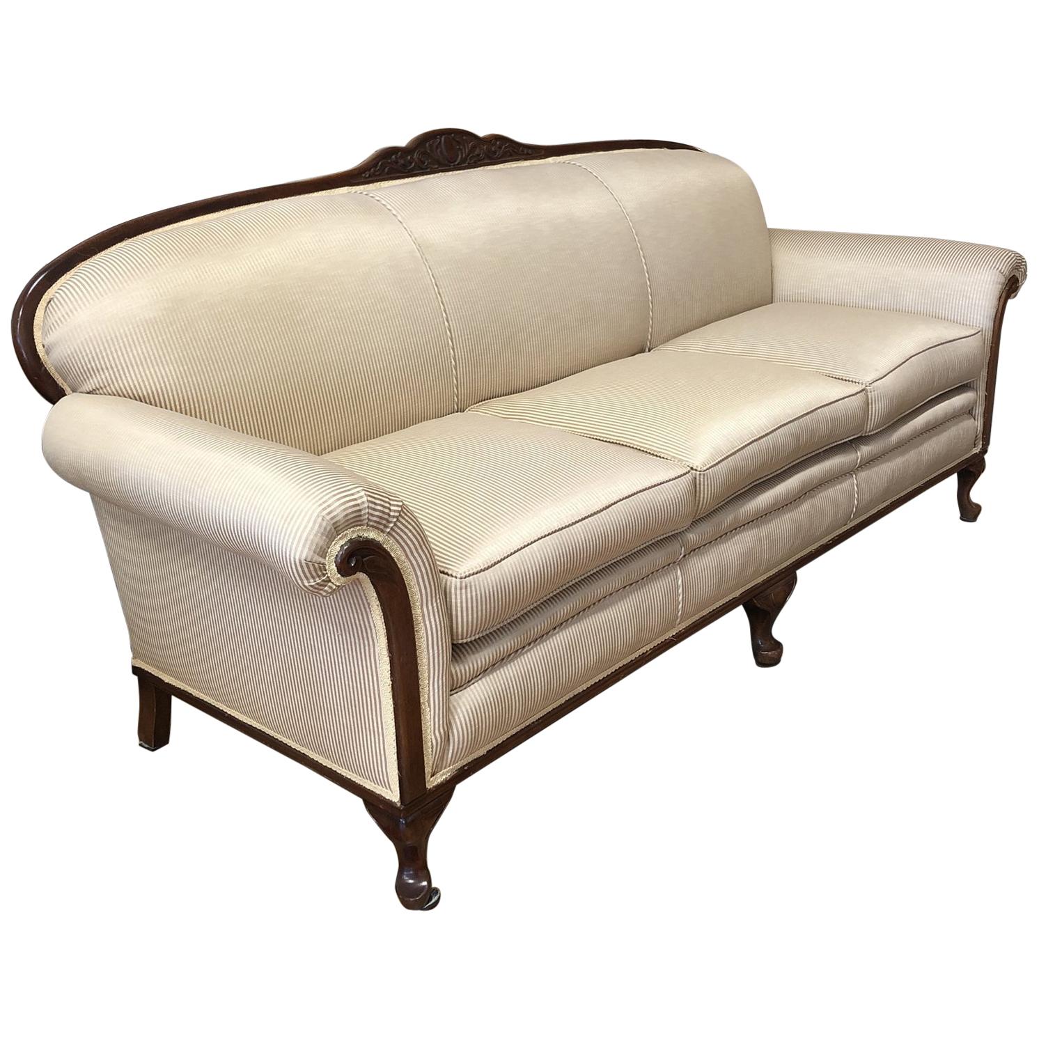 Midcentury French Wood and Fabric Rolled Arm Sofa For Sale at 1stDibs