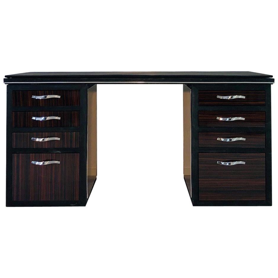 Black Lacquer and Macassar Art Deco Desk Alcantara Top at 1stDibs