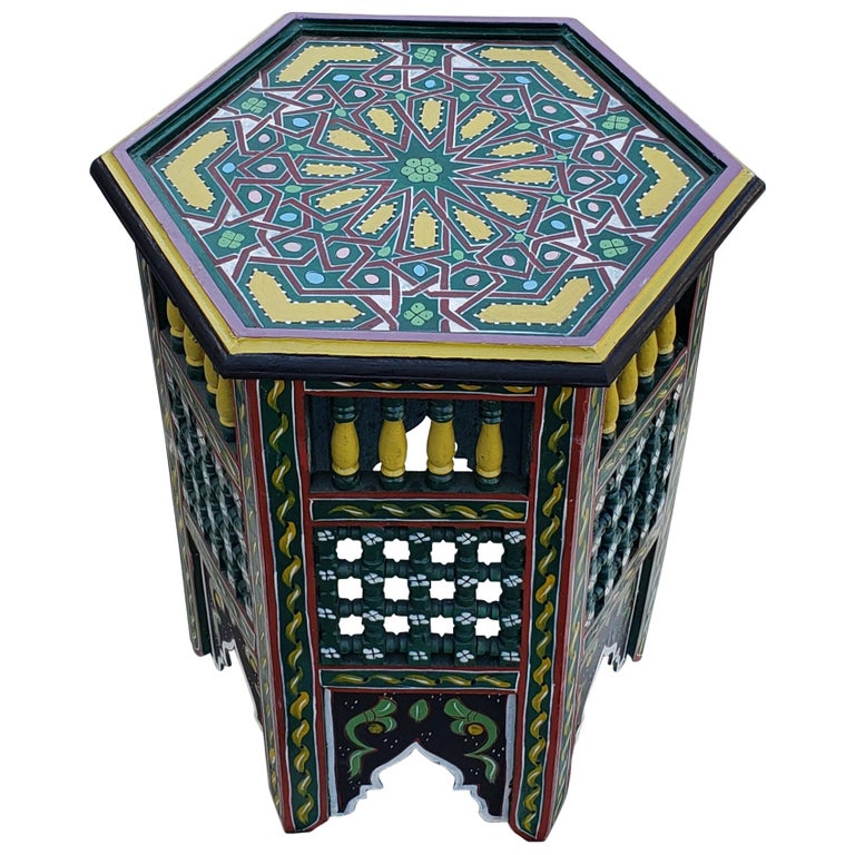 Moroccan Hexagonal Wooden End Table, Hand Painted 13 For Sale at 1stDibs