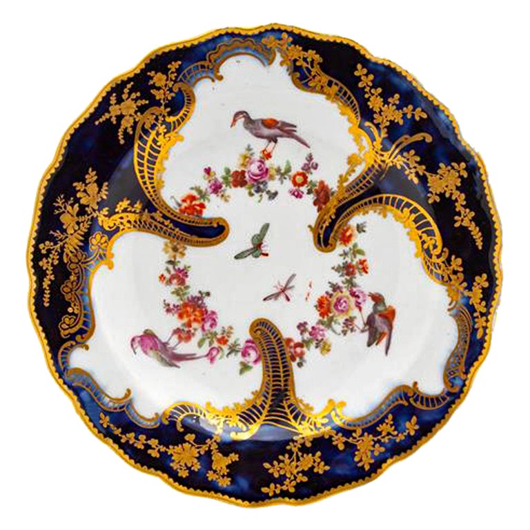 Chelsea Rococo Porcelain Mazarine Blue Plate with Birds and Flowers ...