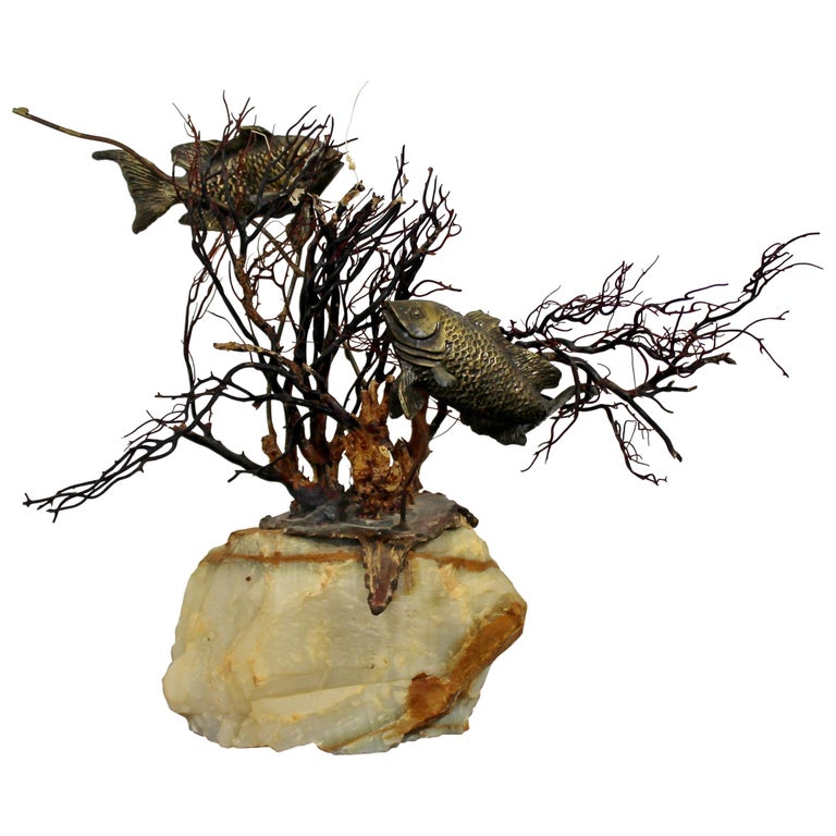 Contemporary Modern C. Jere Signed Metal Fish Table Sculpture on Stone ...