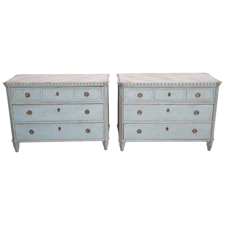 Pair of Antique Swedish Gustavian Style Blue Painted Chests, Late 19th ...