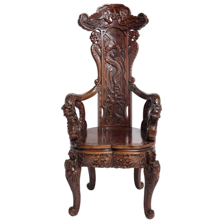 Art Nouveau Style Japanese High-Back Dragon and Phoenix Armchair in ...