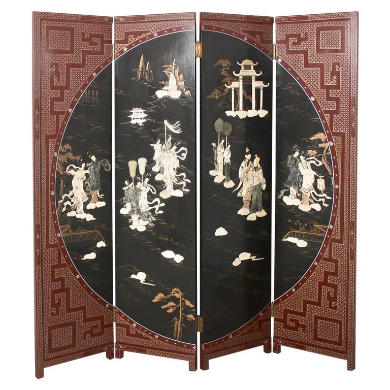 Four-Panel Asian Lacquer and Carved Stone Screen at 1stDibs