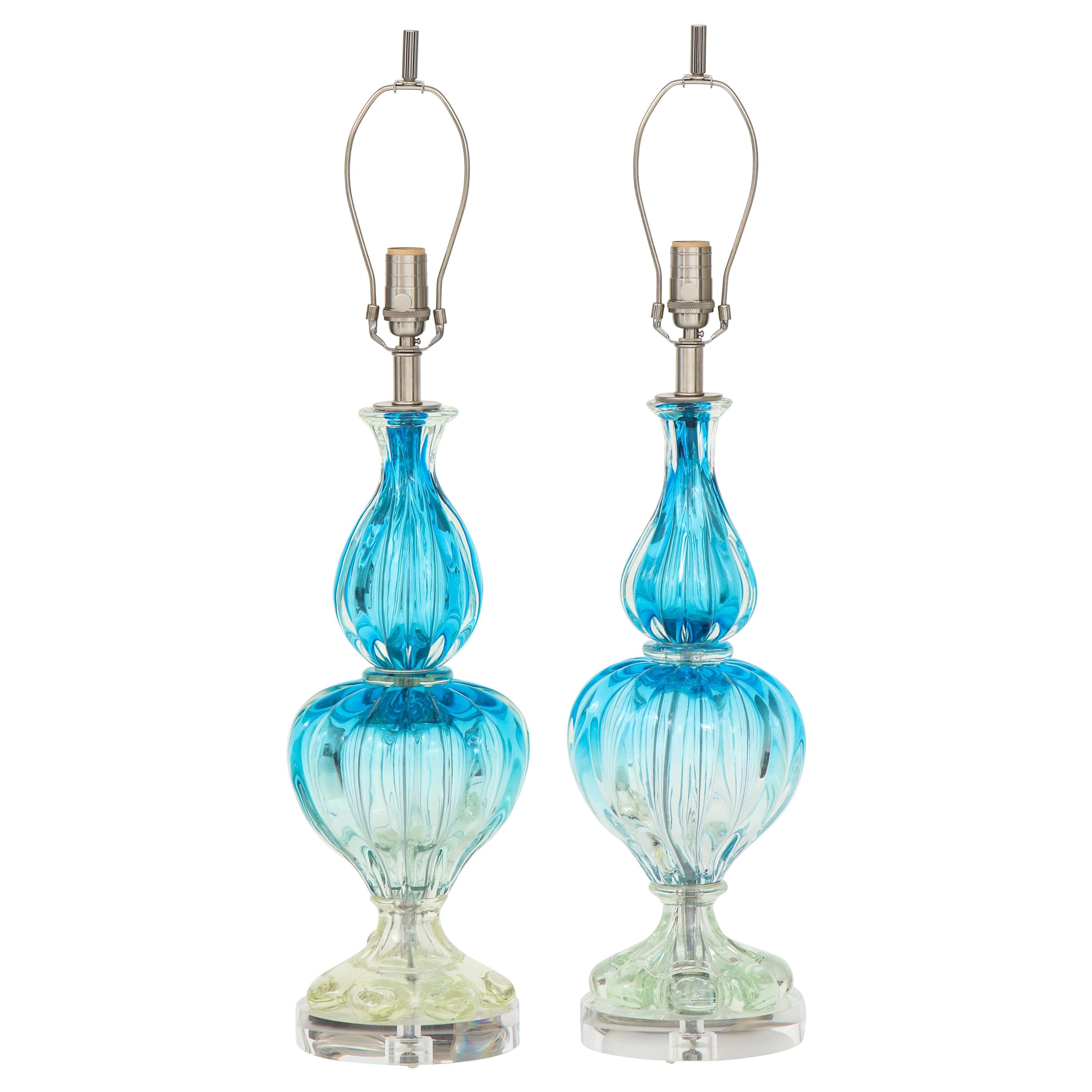 Seguso Blue, Clear Murano Glass Lamps at 1stDibs