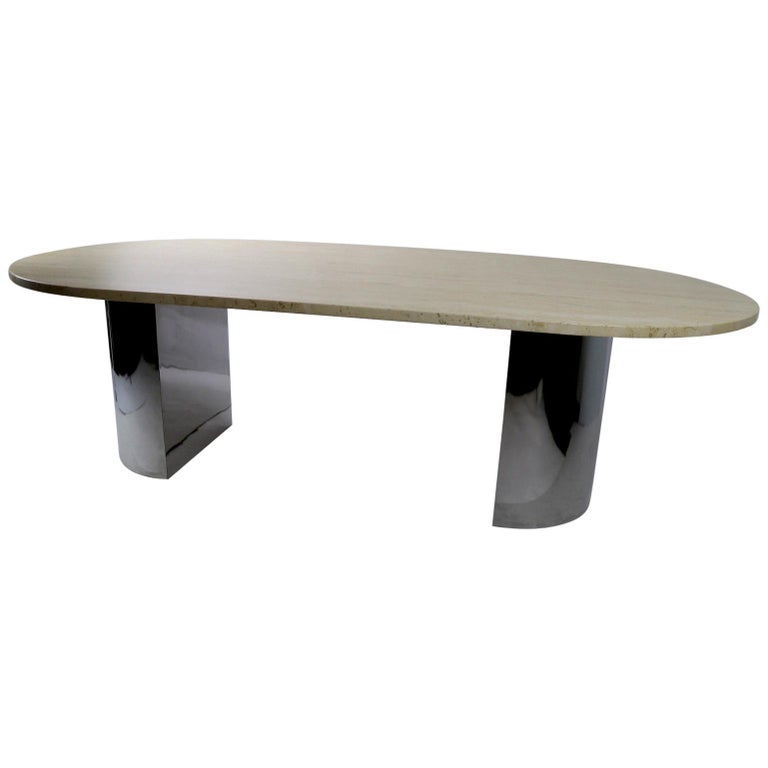 Large Travertine Marble Top Dining Conference Table with Chrome Base at ...