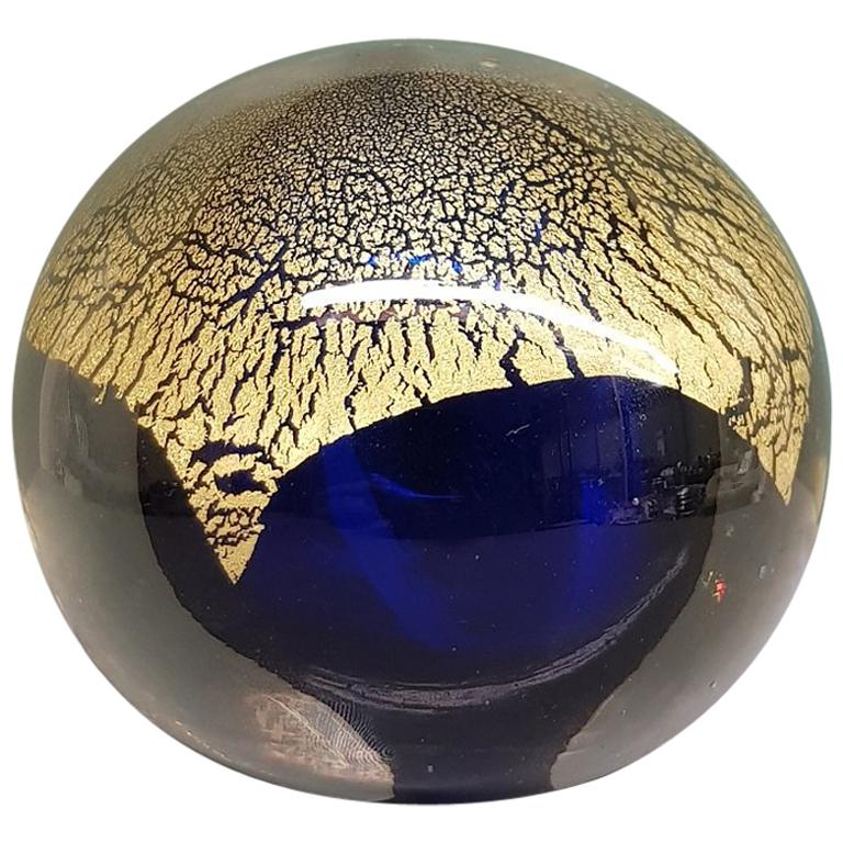 20th Century Glass Paperweight with Blue Bell and Gold Leaf at 1stDibs