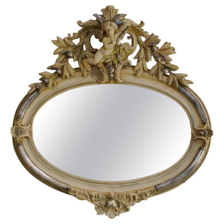 Antique French Silver Leaf Gilt Oval Mirror with Crest at 1stDibs