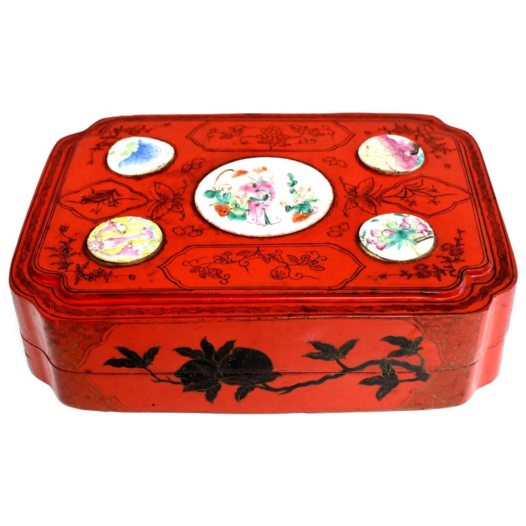 Vintage Red Lacquered Chinese Box with Antique Porcelains at 1stDibs