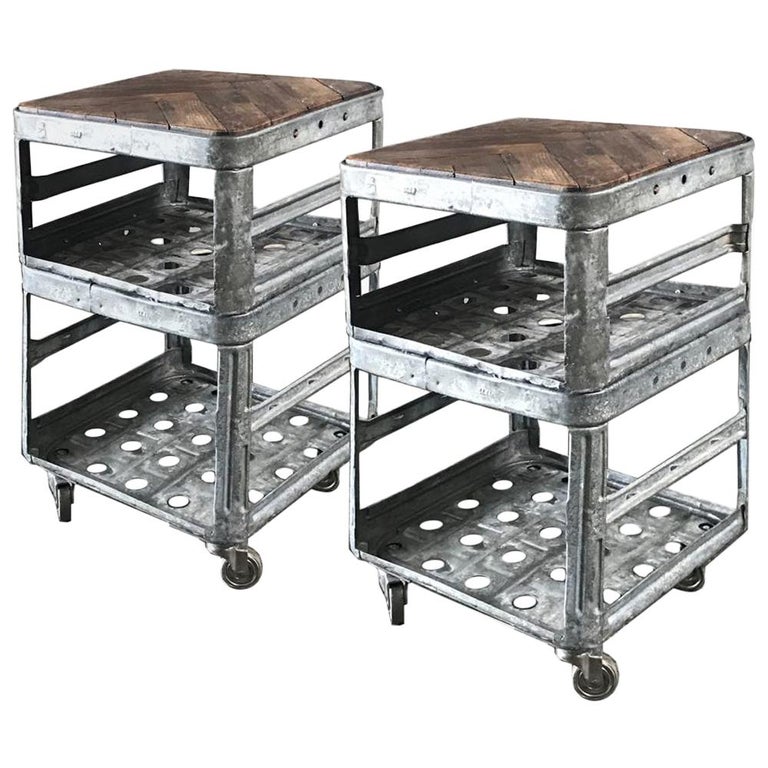 Pair of Two-Tiered Industrial Metal Tables with Wood Tops at 1stDibs